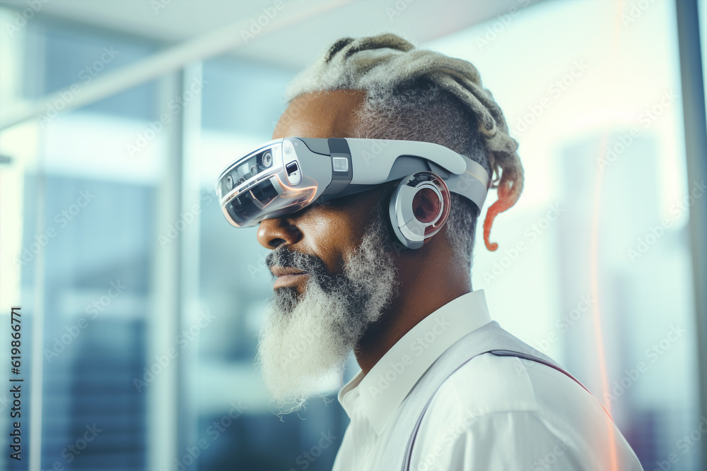 Generative ai senior businessman using 3d viewer experiencing augmented ...