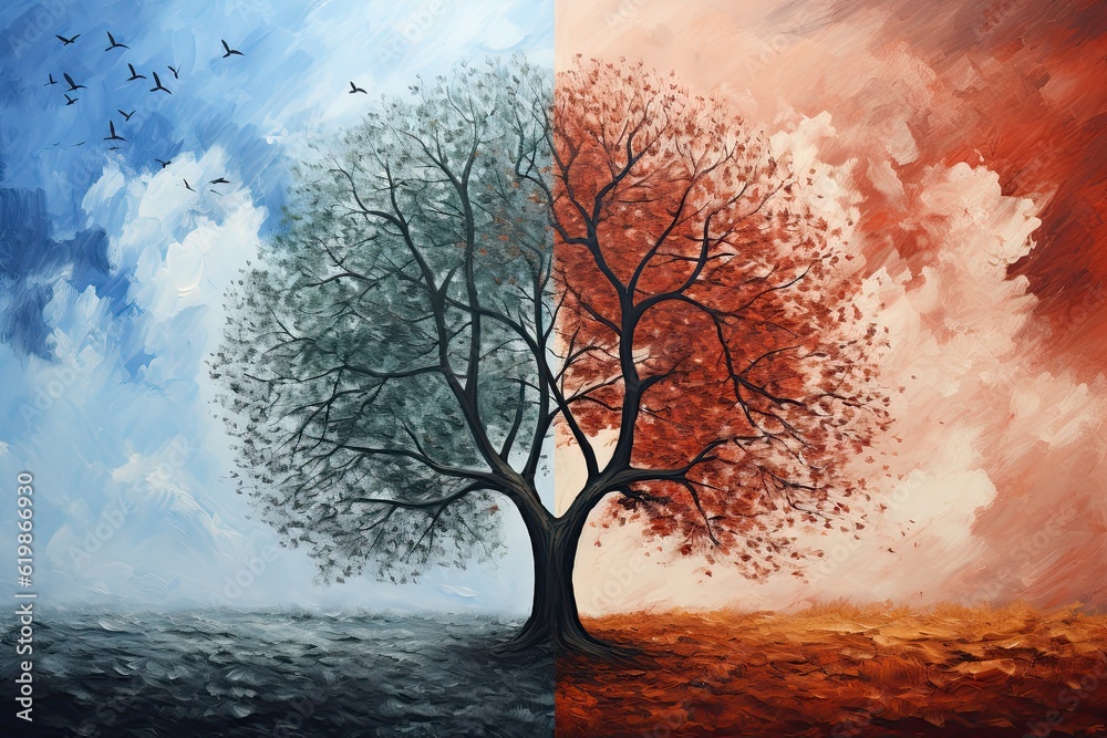 Red Sky Four Season Tree. Artistic Tree Depicting the Four Seasons ...