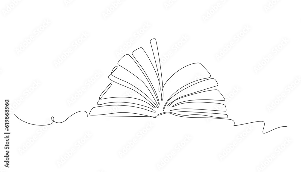 Open book one line drawing. Continuous outline sketch of book pages ...
