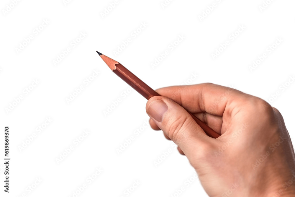 Right hand holding a colored pencil on transparent background with copy ...