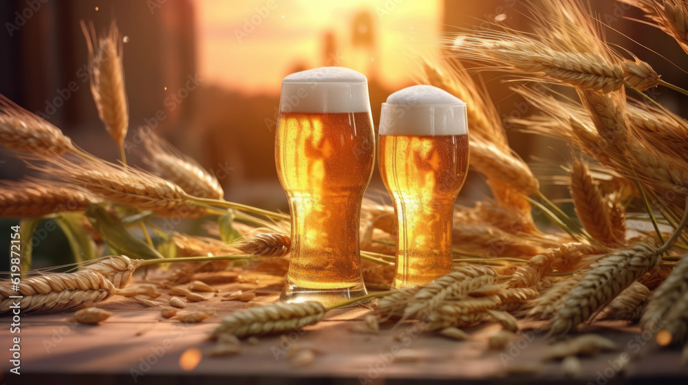 A captivating composition of a chilled beer nestled in the lush golden ...