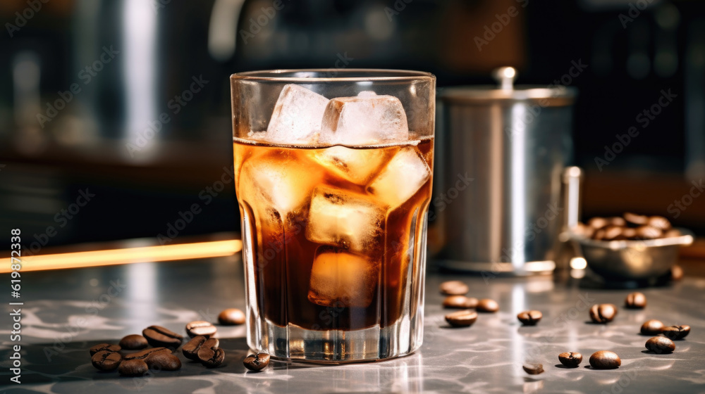 iced coffee, with droplets of condensation glistening on the glass ...