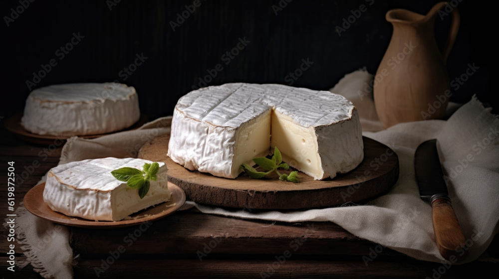 Camembert cheese wheel showcased on a rustic table, with its creamy ...