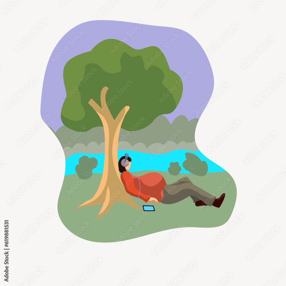 Big man resting under a colorful tree Vector illustration of the ecological concept art of ...
