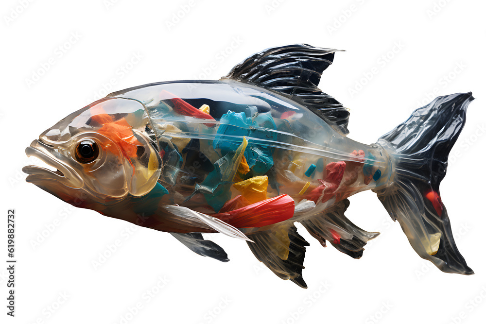 Plastic fish isolated, Water pollution concept, ecological problems ...