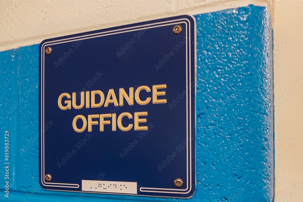 Guidance Office, counselor office, sign with braille, on blue wall at ...