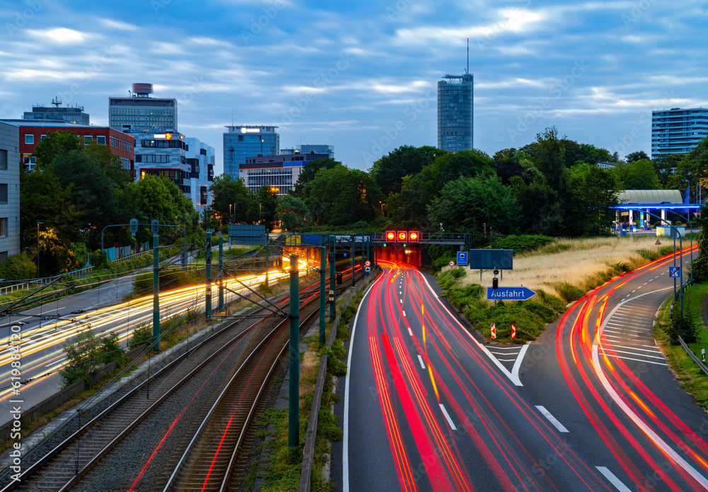Essen city with curved motorway called “Ruhrschnellweg“ in Ruhr basin ...
