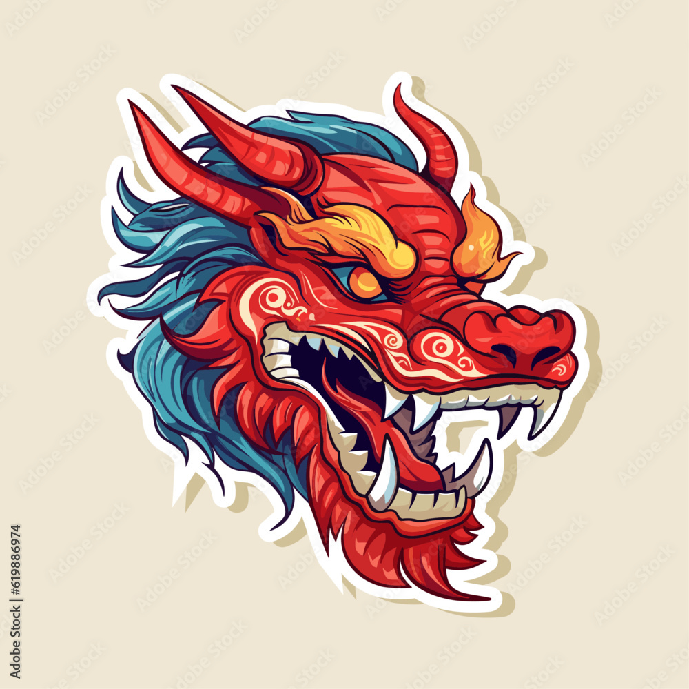 Trendy cartoon flat style dragon character sticker logo stylized vector ...