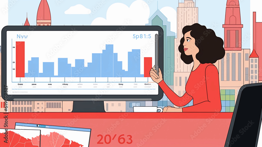 an illustration of man analyst analyzes data and creating insight reports on a business ...