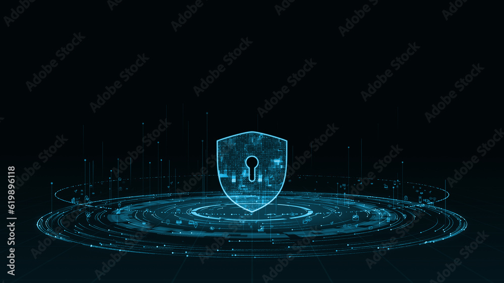 ภาพประกอบสต็อก Blue security shield logo with particle ring circle ...