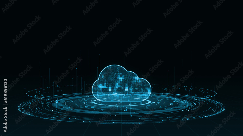 Blue Digital Cloud Computing Logo With Particle Ring Circle Rotation With Ai Technology Icon On