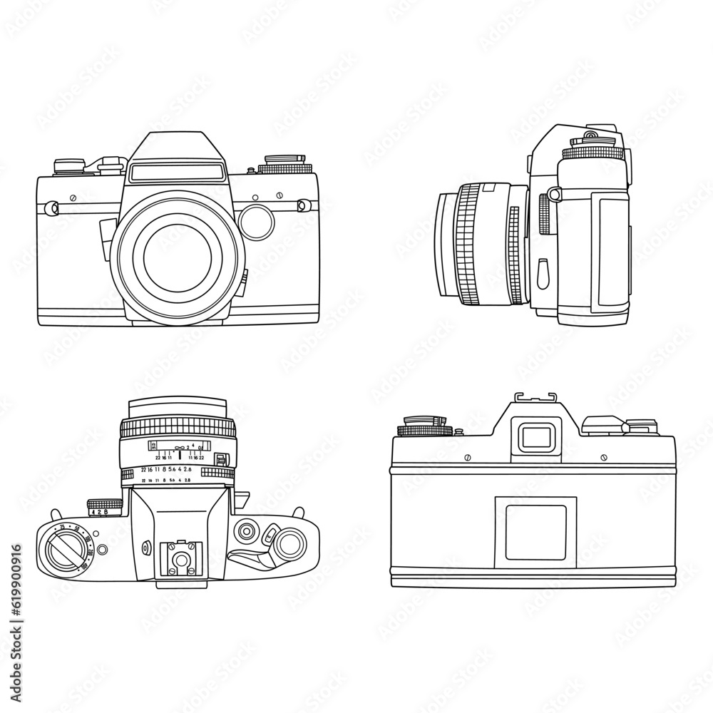 Set of hand drawing old SLR vintage film photo camera. Different four ...