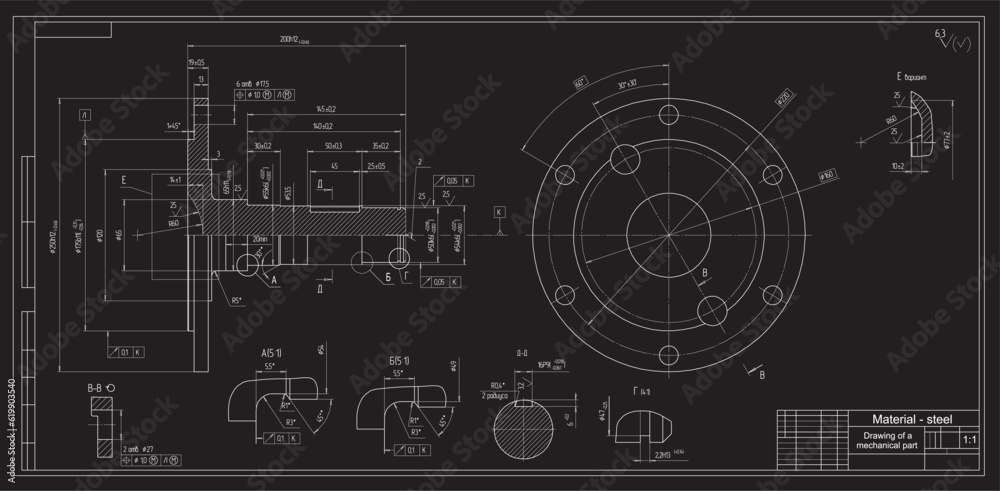 Vector drawing of a steel mechanical part with through holes ...