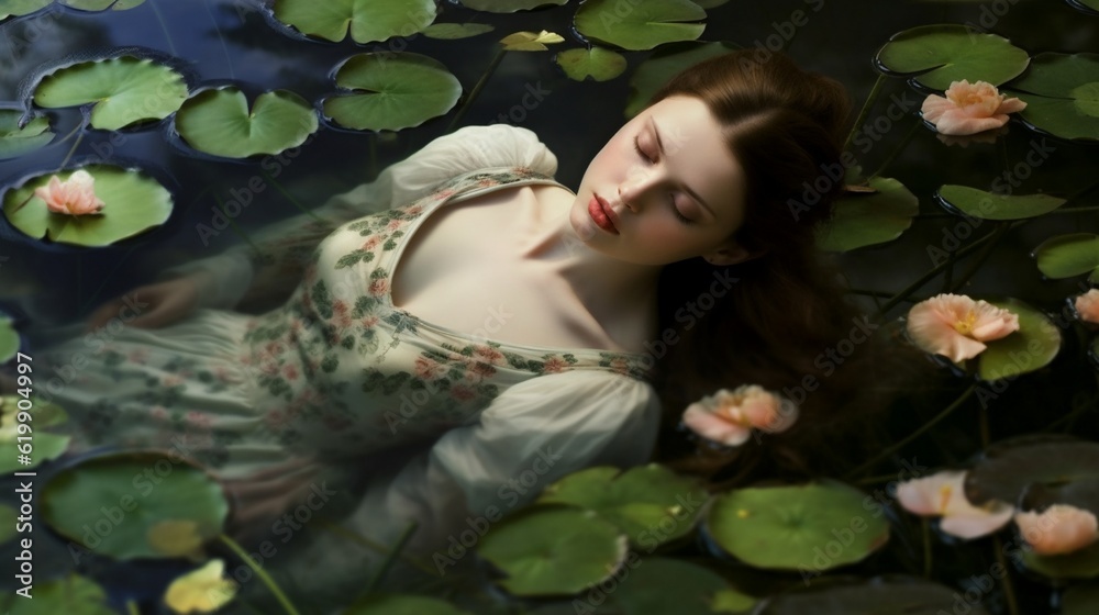 A beautiful young girl in a white dress poses as she drowned in a river ...