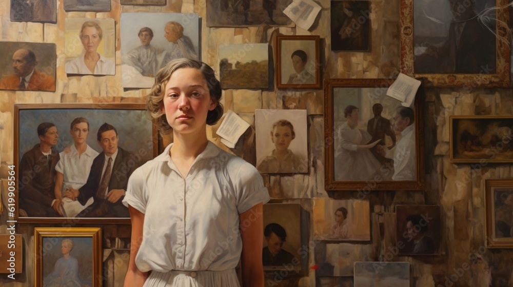 Family tree concept, dna, genes, ancestors. woman standing in front of ...