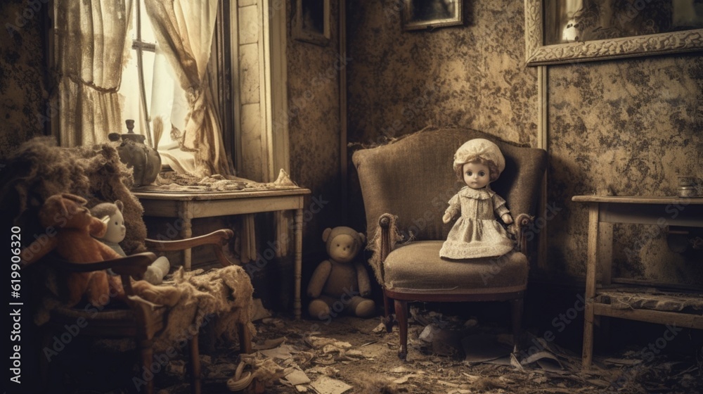 Old vintage children's room destroyed by war or earthquake. Concept ...