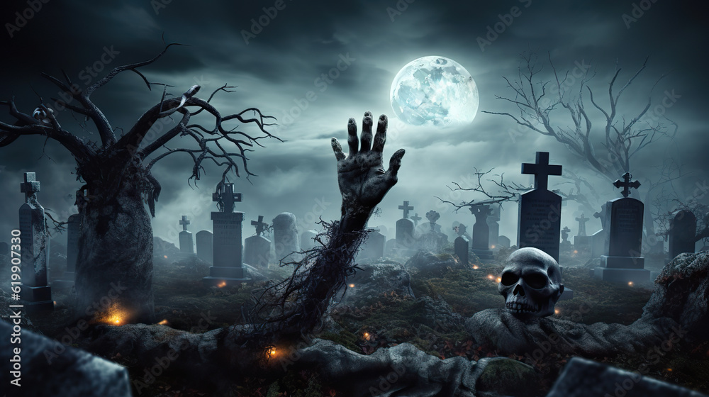 Eerie Night Awakening Zombie Hand Emerging from the Graveyard. created ...