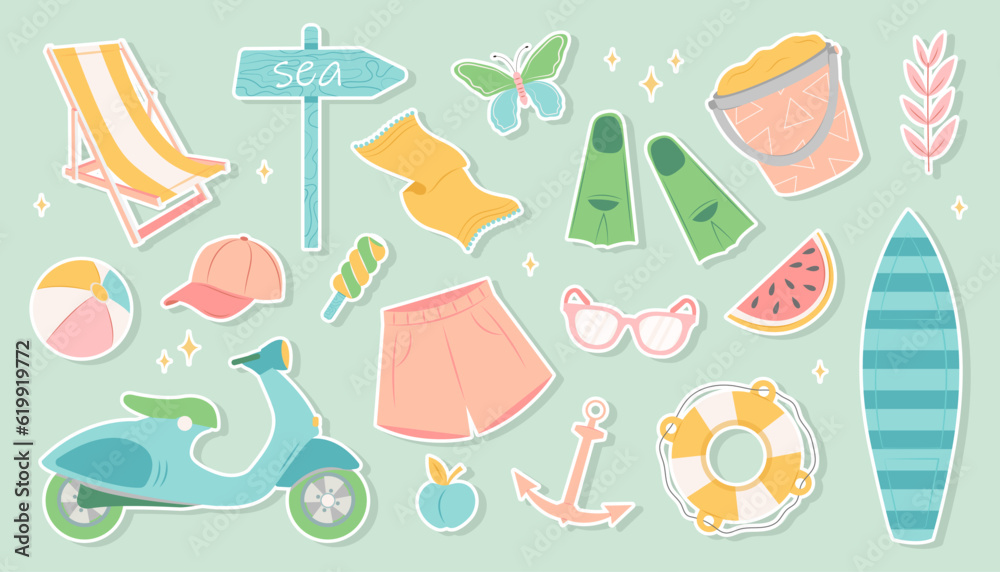 Summer stickers, cute summertime elements, tropical vacation icons ...