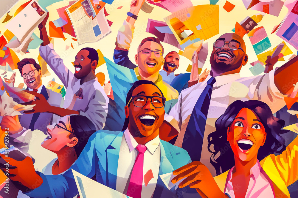 Groupe de personnes contentes levant les bras en l'air et souriant ...