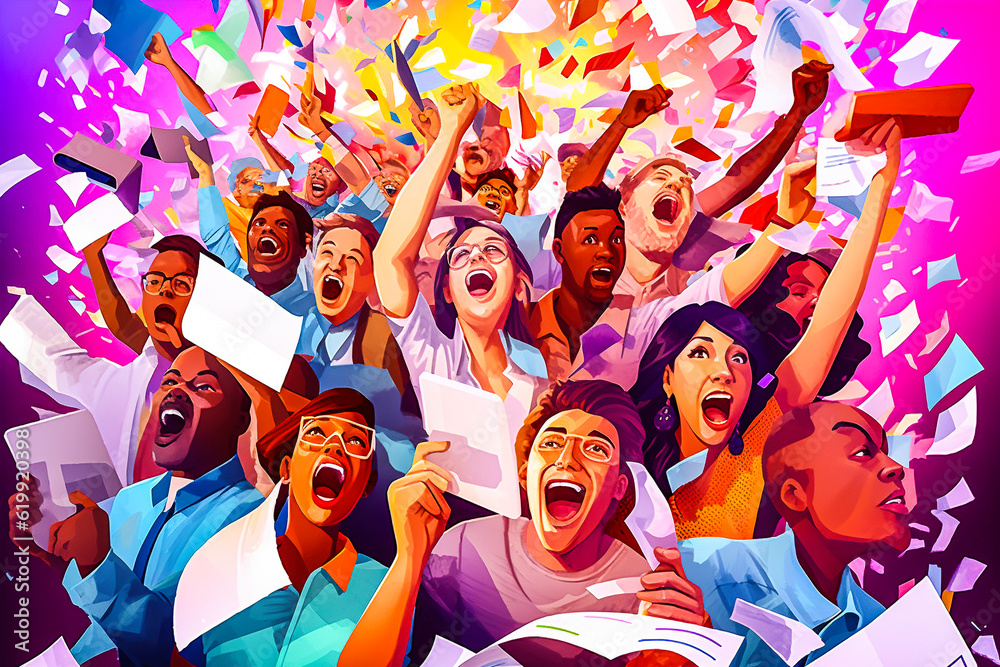 Groupe de personnes contentes levant les bras en l'air et souriant ...