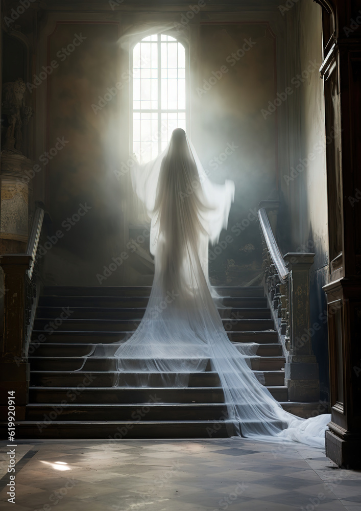 ghostly apparition floating through an old abandoned mansion, generative ai Stock Illustration ...