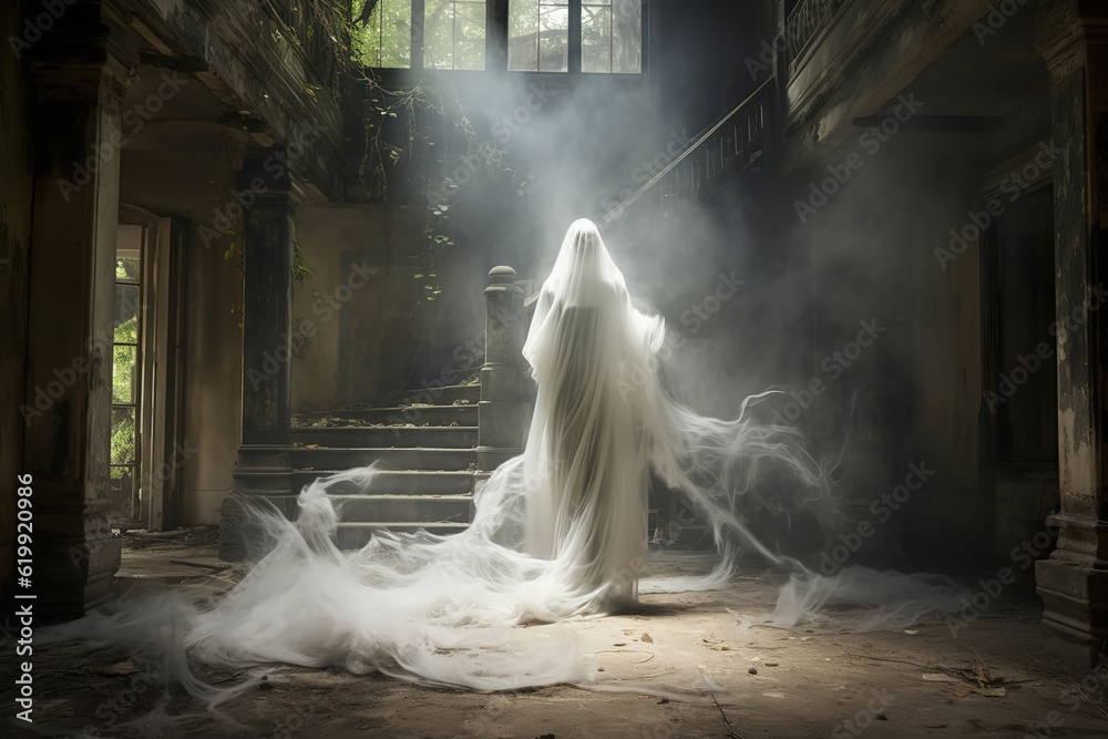 ghostly apparition floating through an old abandoned mansion, generative ai Stock Illustration ...