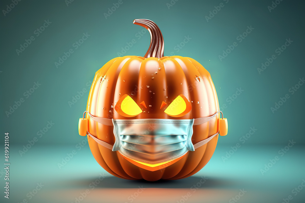 Halloween facial mask as a jack o lantern pumpkin wearing a medical ...