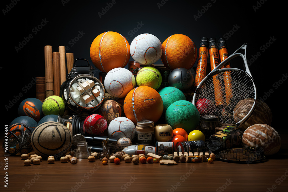 Collection of sports equipment, including balls, rackets, and other ...