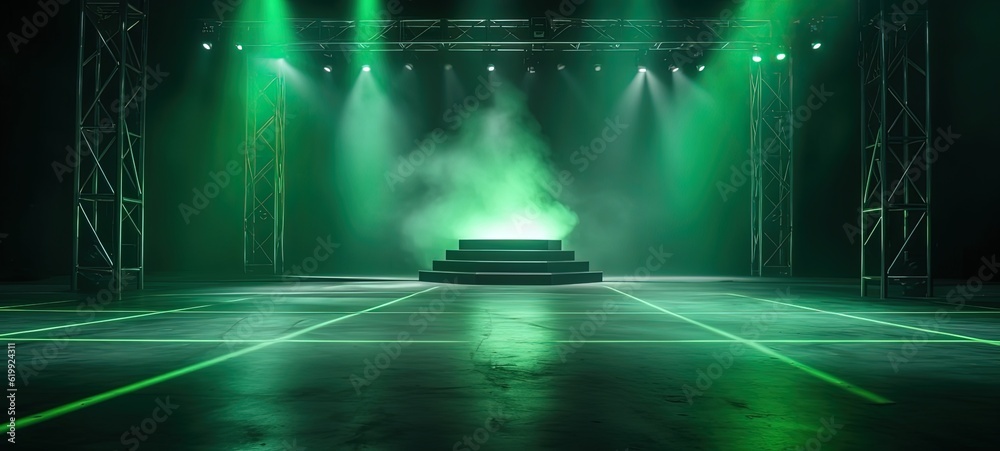 green spotlights shine on stage floor in dark room, idea for background ...