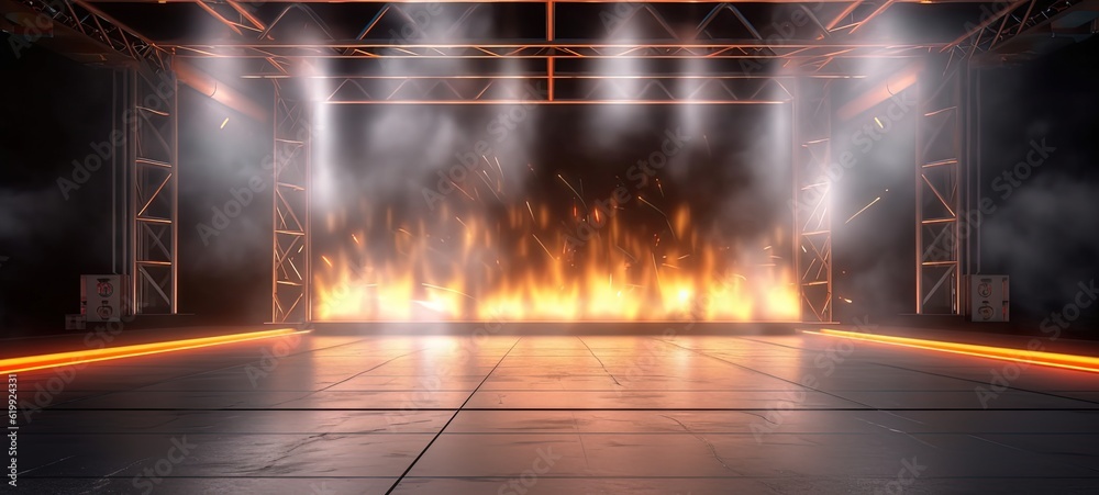 fire stage with spotlights shine on floor in dark room, idea for ...