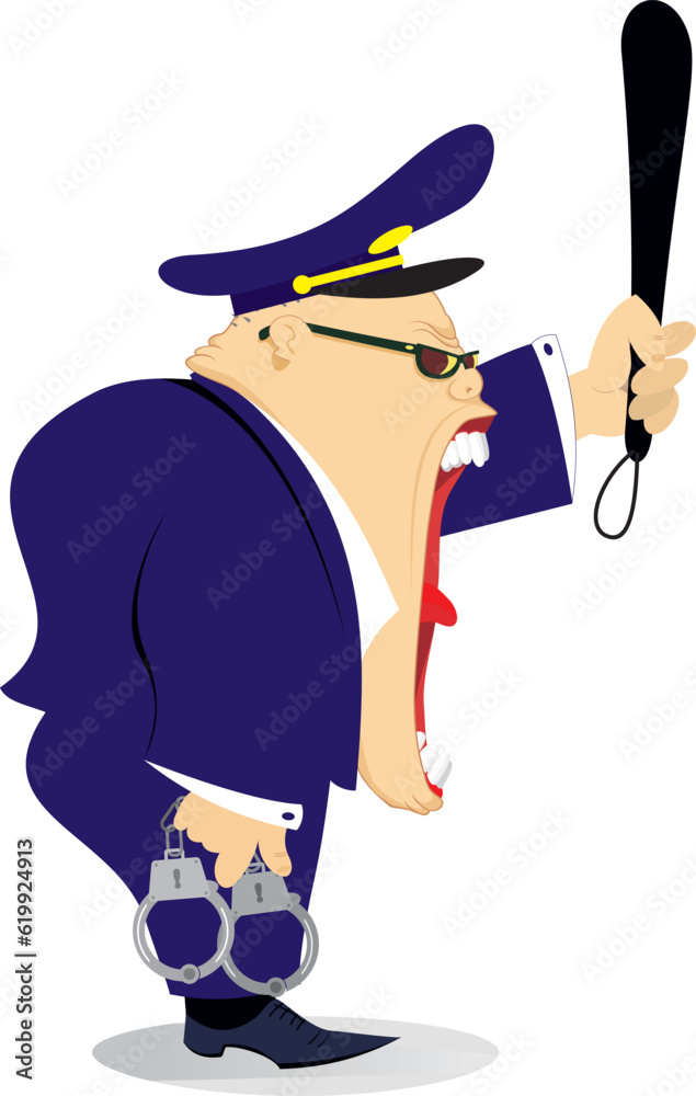 Cartoon police officer. Shouting policeman with truncheon and handcuff ...