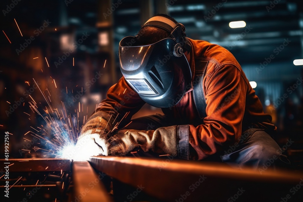 Worker utilizing a MIG/MAG welder to carry out construction tasks in a ...