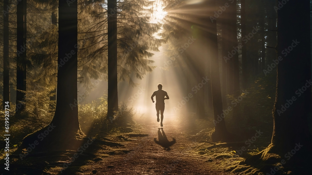 Running in the nature with sun rays coming through tall trees ...