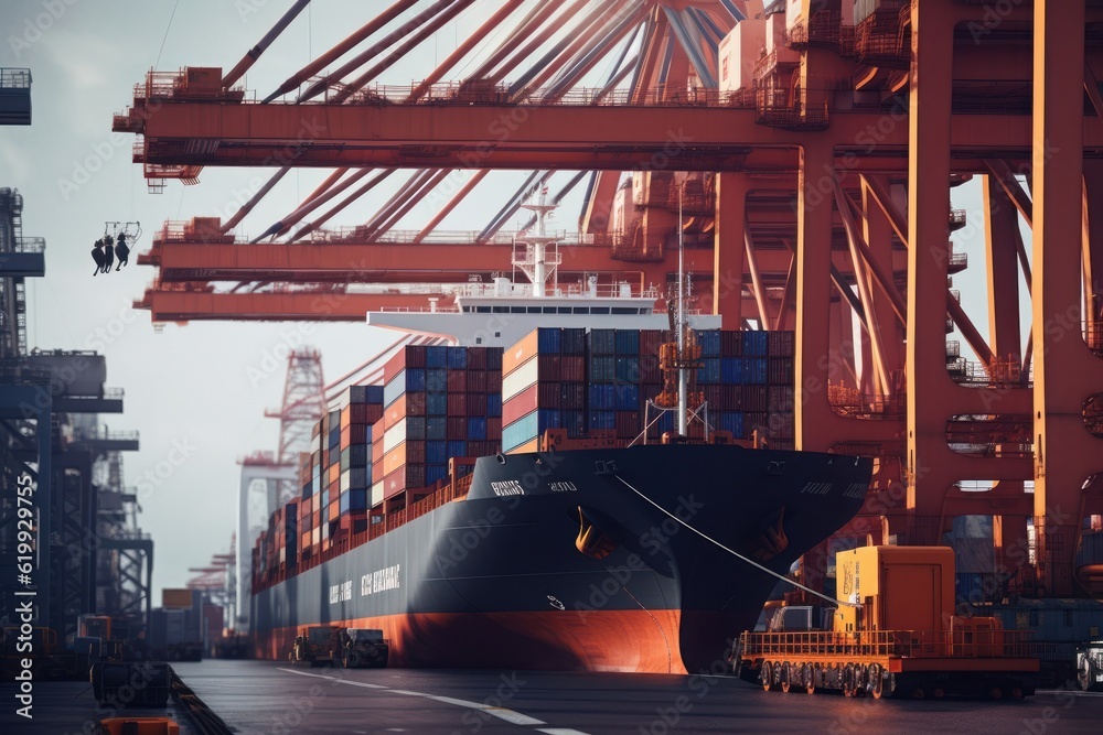 View from the ground to a huge port crane loading container ship ...