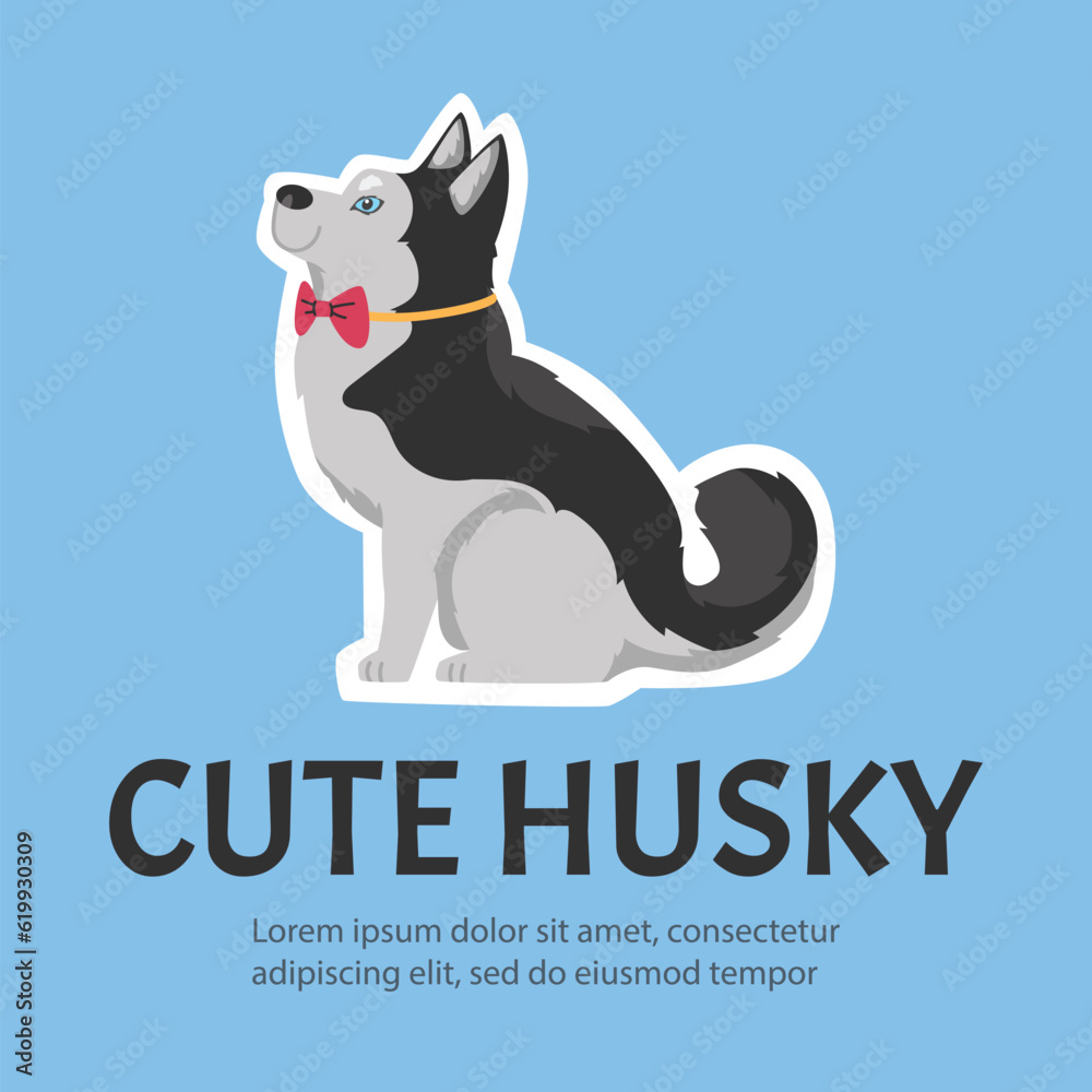 Cute Siberian husky wearing bow tie, poster with text - cartoon flat ...