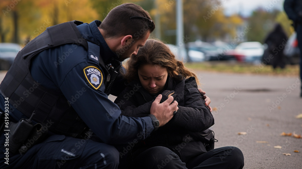 A police officer comforting a victim of a crime and providing support ...
