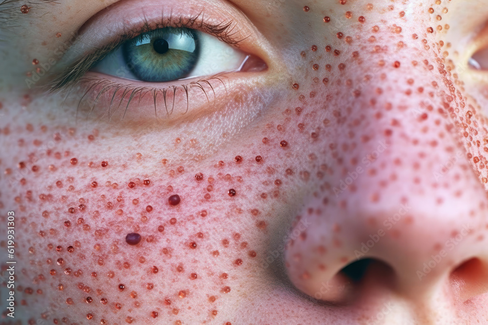 Infectious or viral skin disease, red pimples, blisters, rash and ...