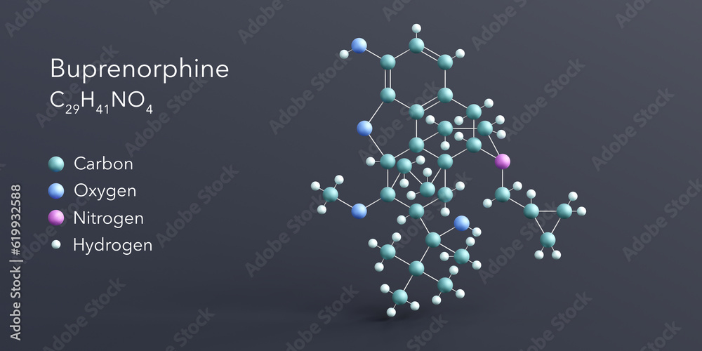 buprenorphine molecule 3d rendering, flat molecular structure with ...