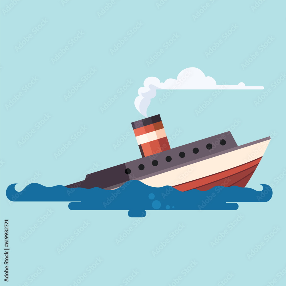 Sinking ship flat style vector illustration, Ship Sinking in the ocean ...