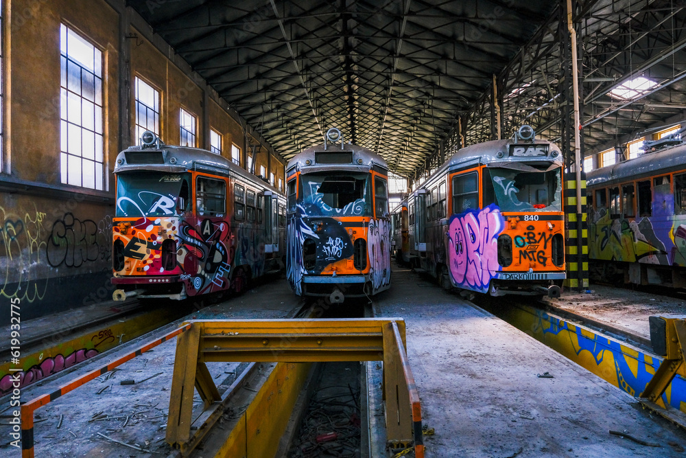 interior of abandoned tram bus in depot Stock Photo | Adobe Stock