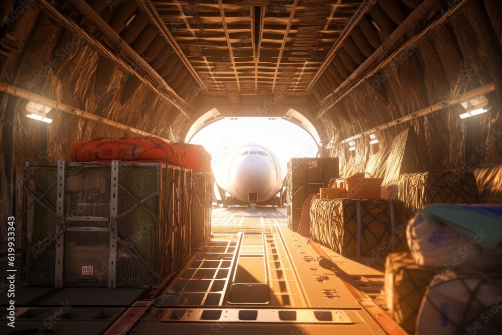 The cargo compartment of transport aircraft. Loading a cargo plane ...