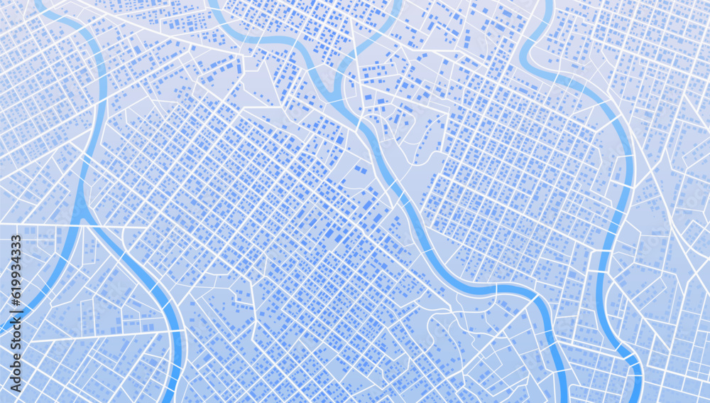 Blue city area, background map, streets. Skyline urban panorama ...