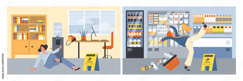 Accidents and fall on wet floor banners set, flat cartoon vector ...