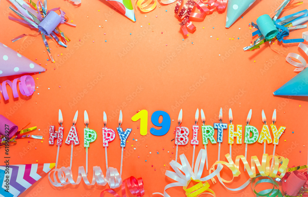 Top view birthday background with number 19. A beautiful holiday ...