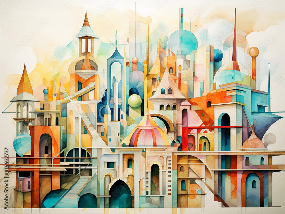 Iconic architectural symbols from various cultures intersecting and ...