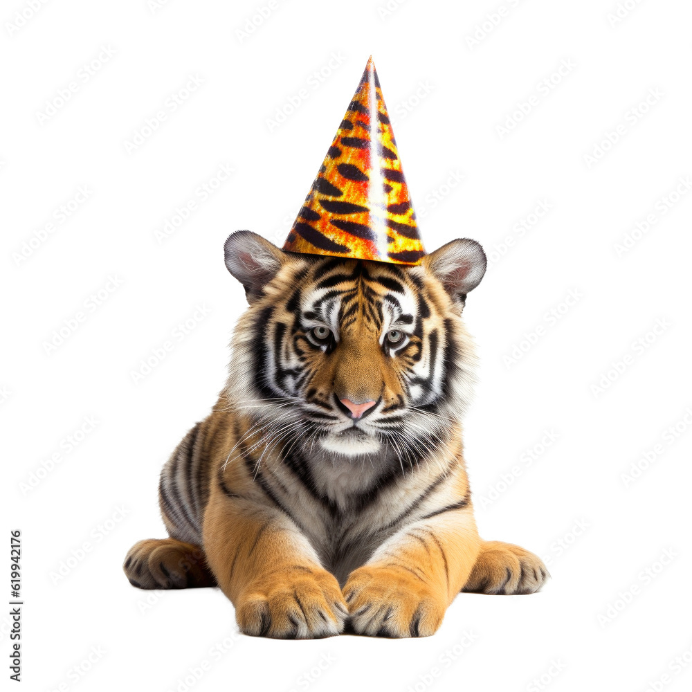 grumpy tiger with a party hat, isolated on a transparant background ...