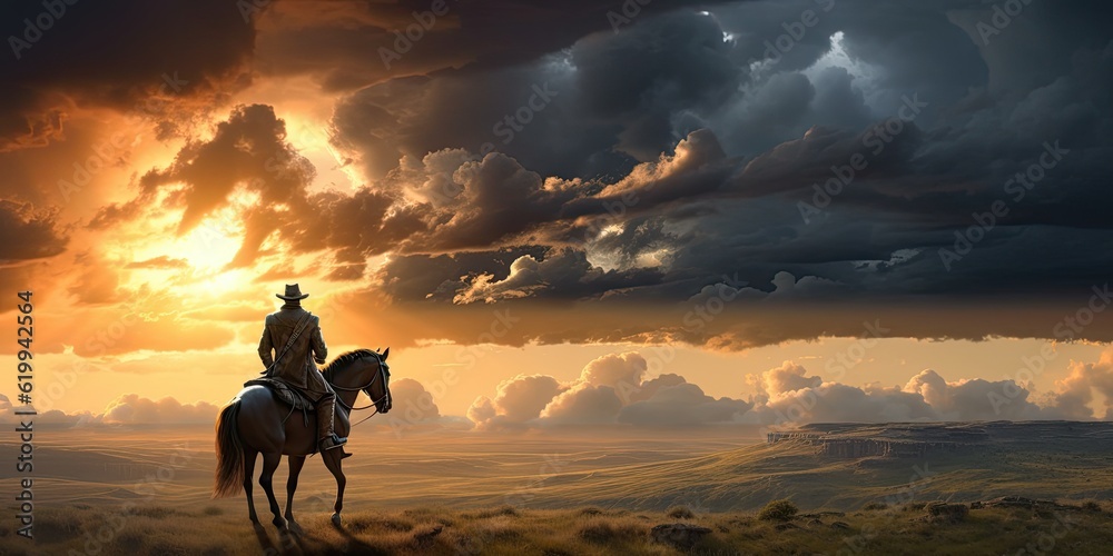 a horizontal layout, of a Cowboy on his horse, overlooking a stunning ...