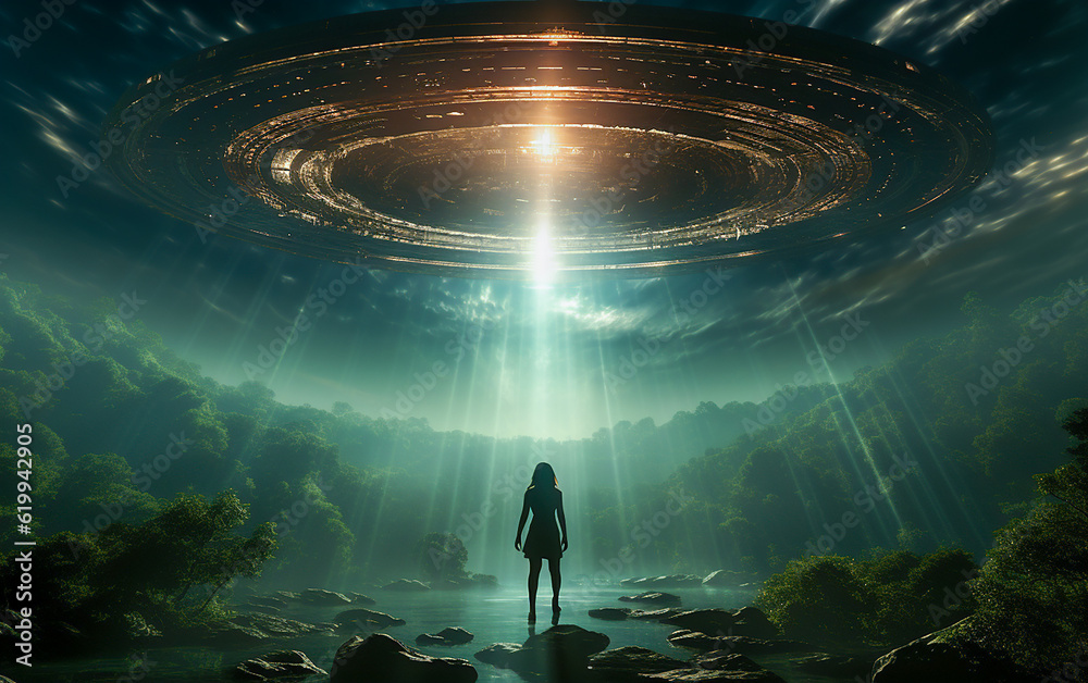 UFO. A woman is astonished by a UFO. The encounter is fantastic, awe ...
