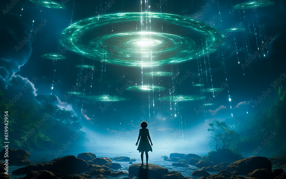UFO. A woman is mesmerized by a UFO. The sights are fantastic, awe ...