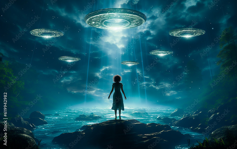 UFO. A woman witnesses a UFO. The scenes are breathtaking, awe ...